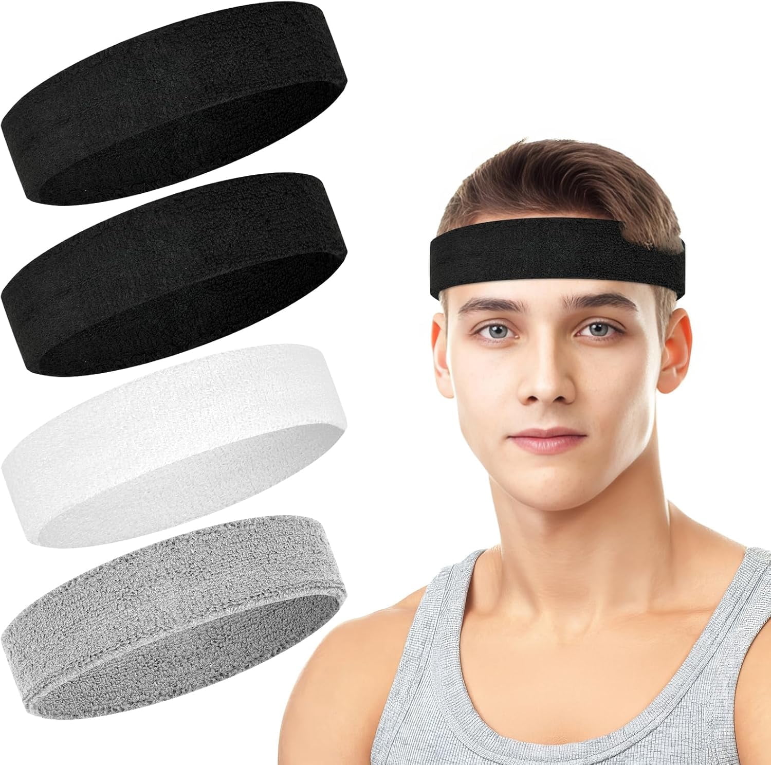 Daletu 4 Pack Cotton Terry Sweat Headbands for Men & Women, Absorbent ...