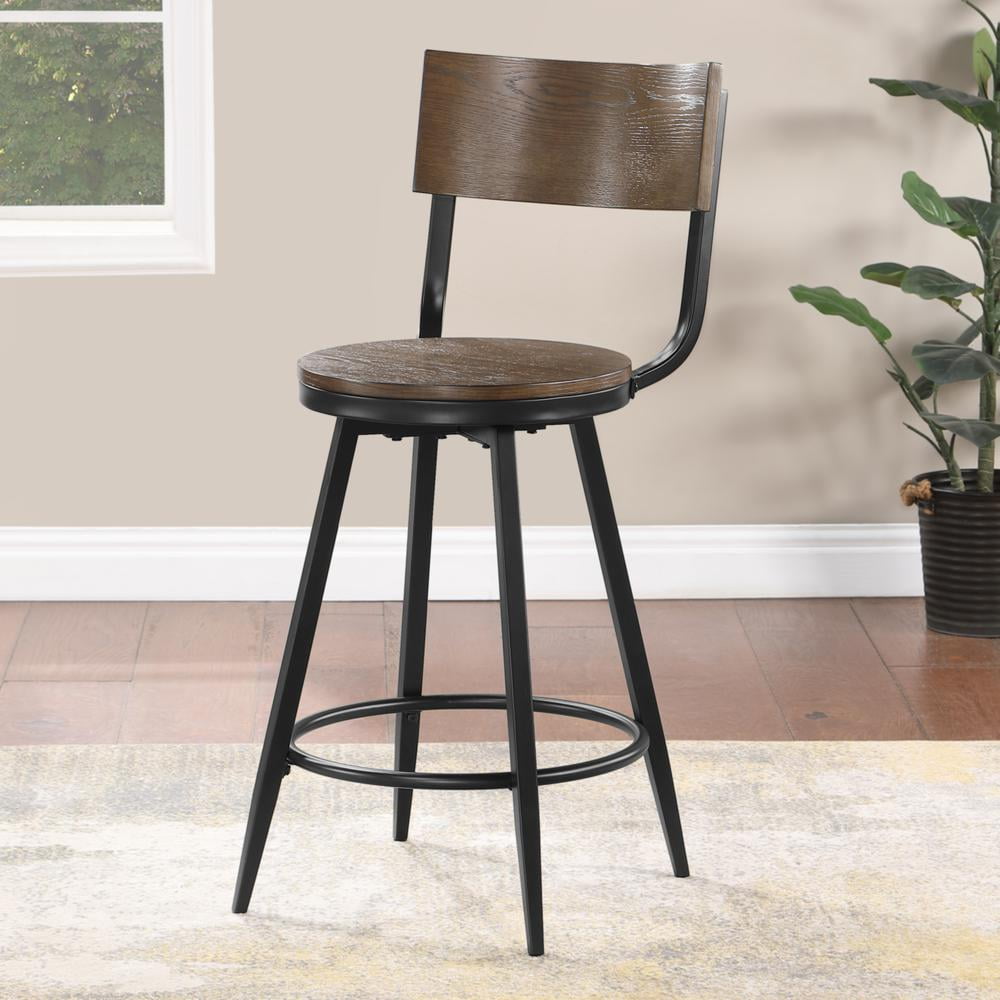 Dalia Brown Wood and Metal Swivel Stool with Foot Rest and Adjustable ...