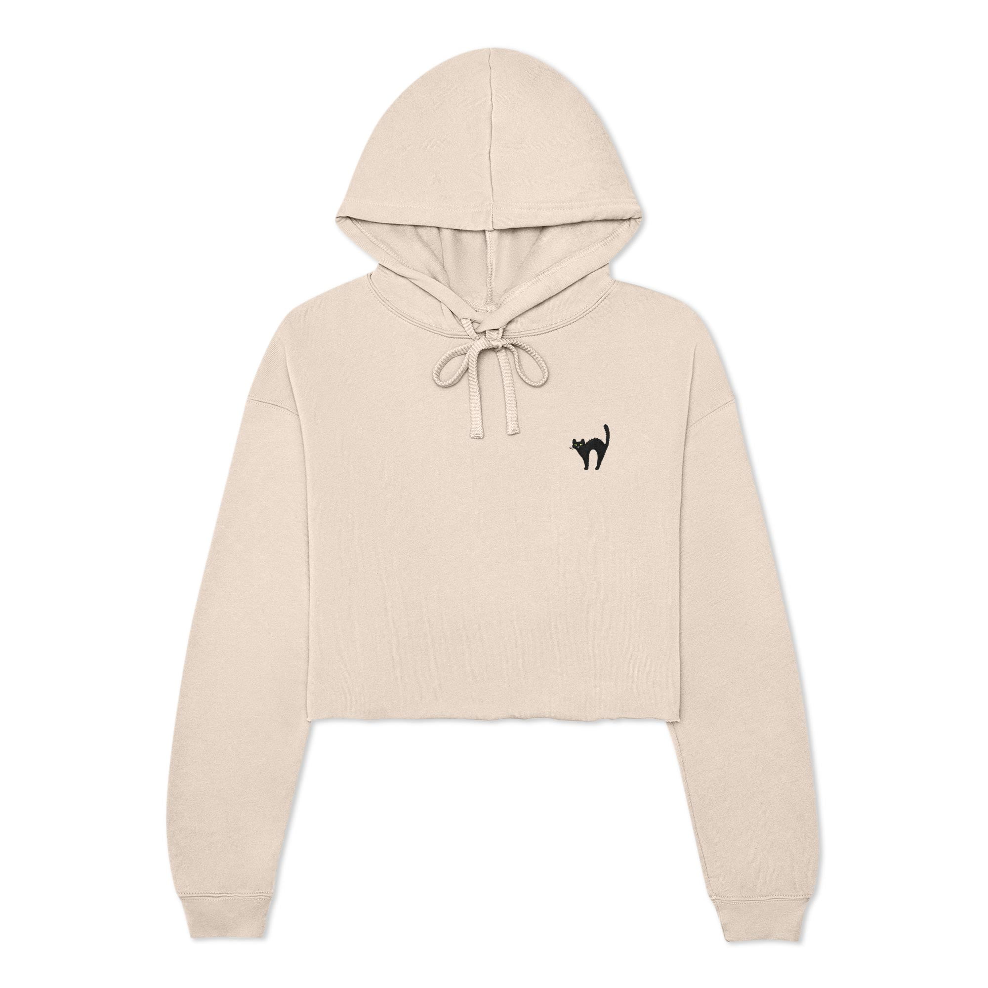 Dalix Black Cat Embroidered Fleece Cropped Hoodie Cold Fall Winter ...