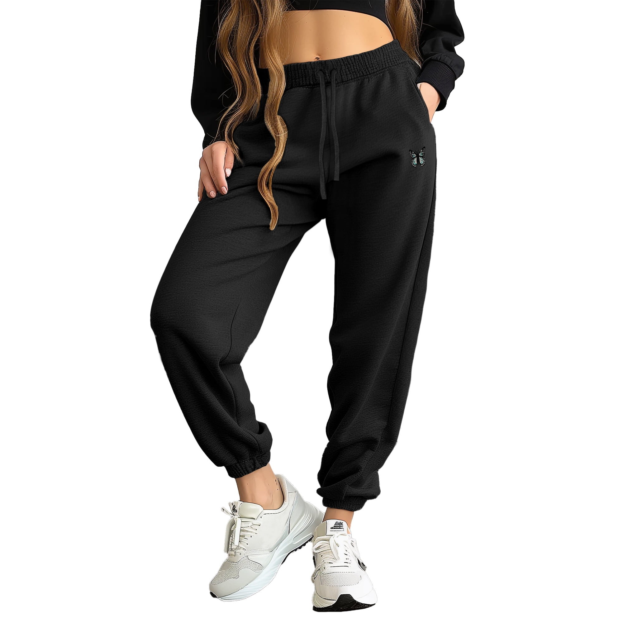 Dalix Butterfly Embroidered Fleece Jogger Cuff Sweatpant Sweats Soft ...