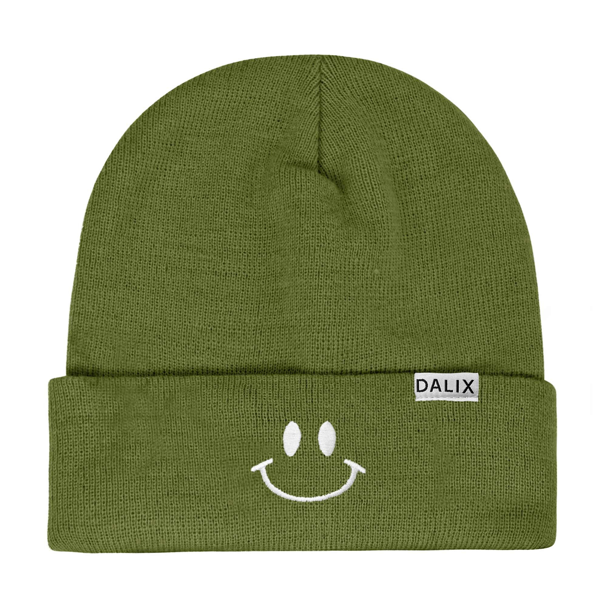 Dalix Embroidered Smile Face Beanie in Olive - Walmart.com