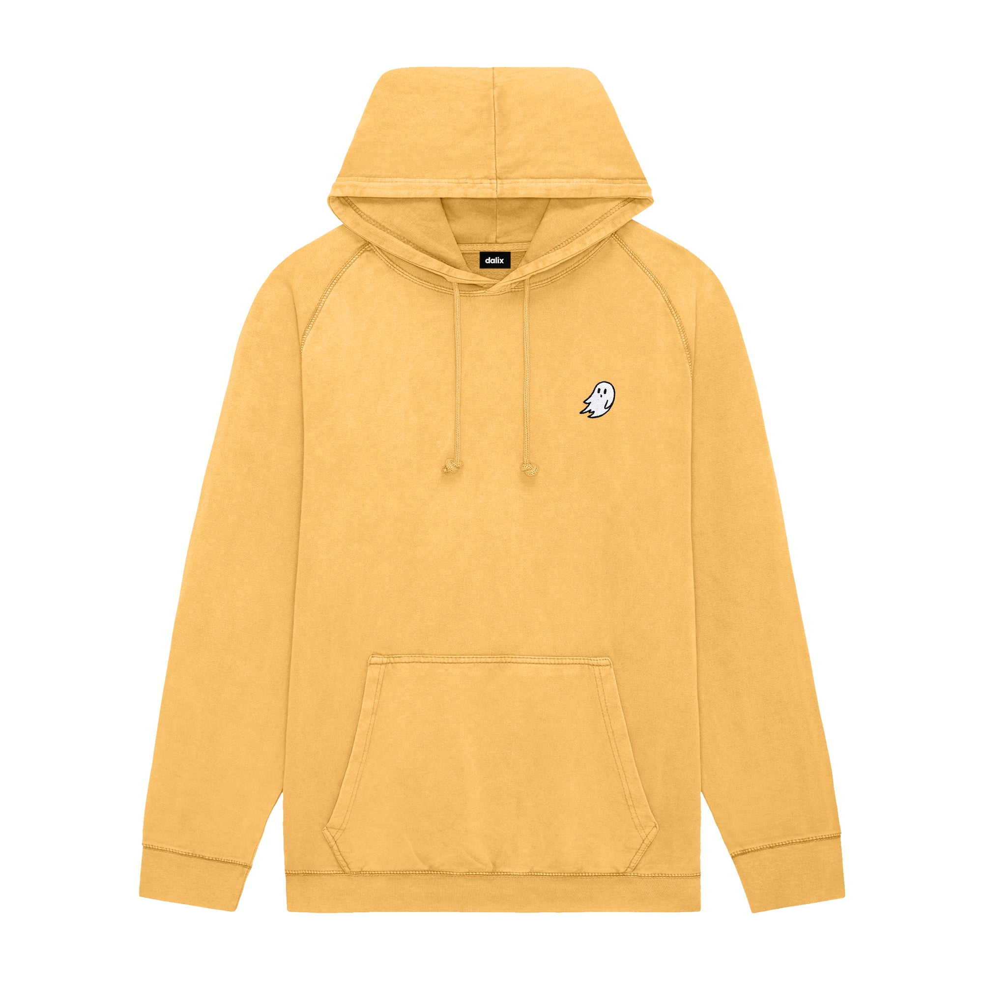 Dalix Ghost Embroidery Washed Hoodie Sweatshirt Fleece Relaxed Fit Lounge Mens in Mustard L ...