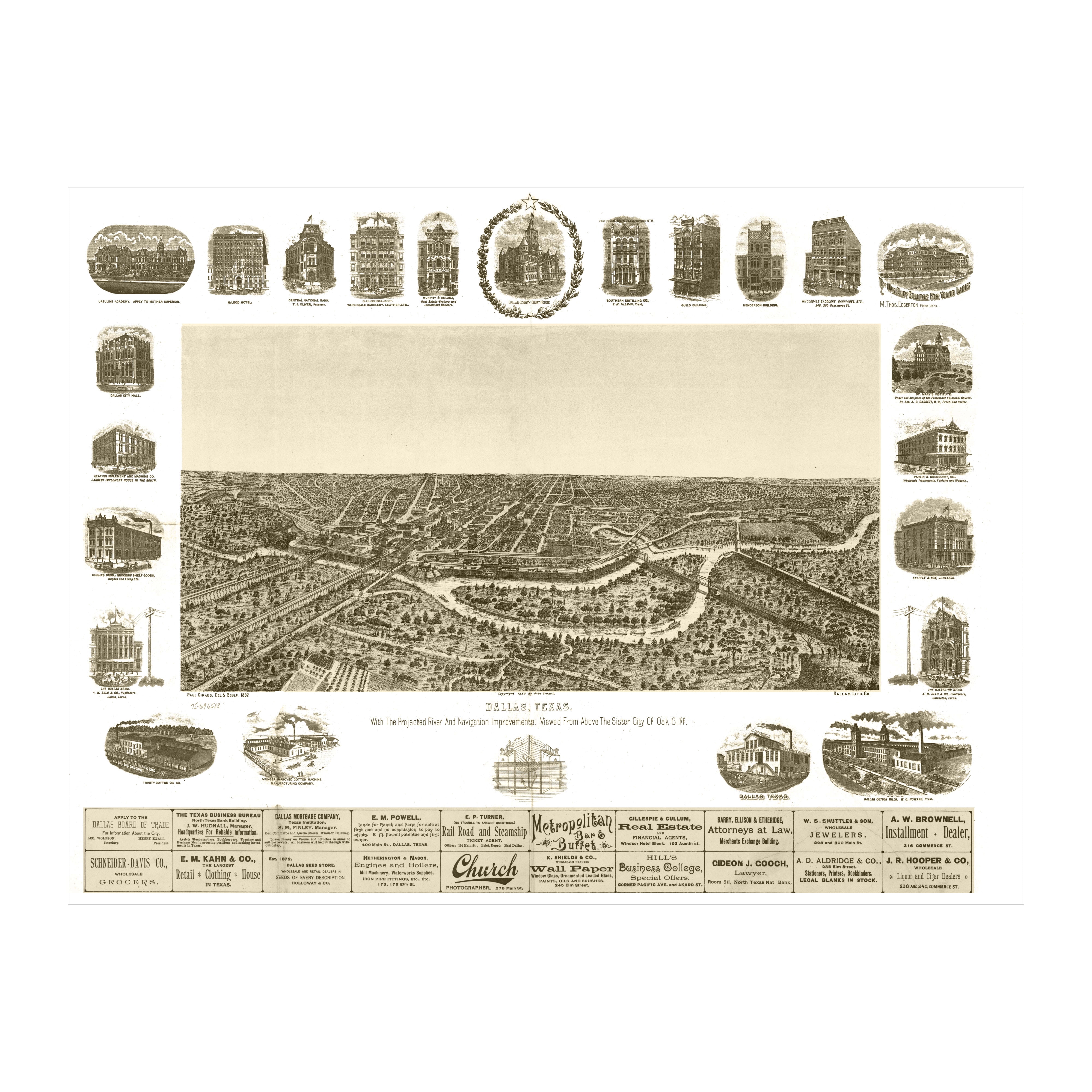 Dallas Art, 1892 Vintage Map of Dallas Texas, TX History Wall Decor ...