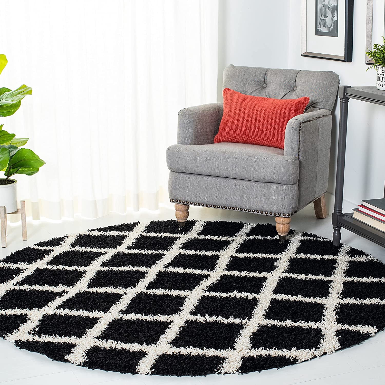 Dallas Collection 6' Round Black/Ivory SGD258Z Trellis Non-Shedding ...