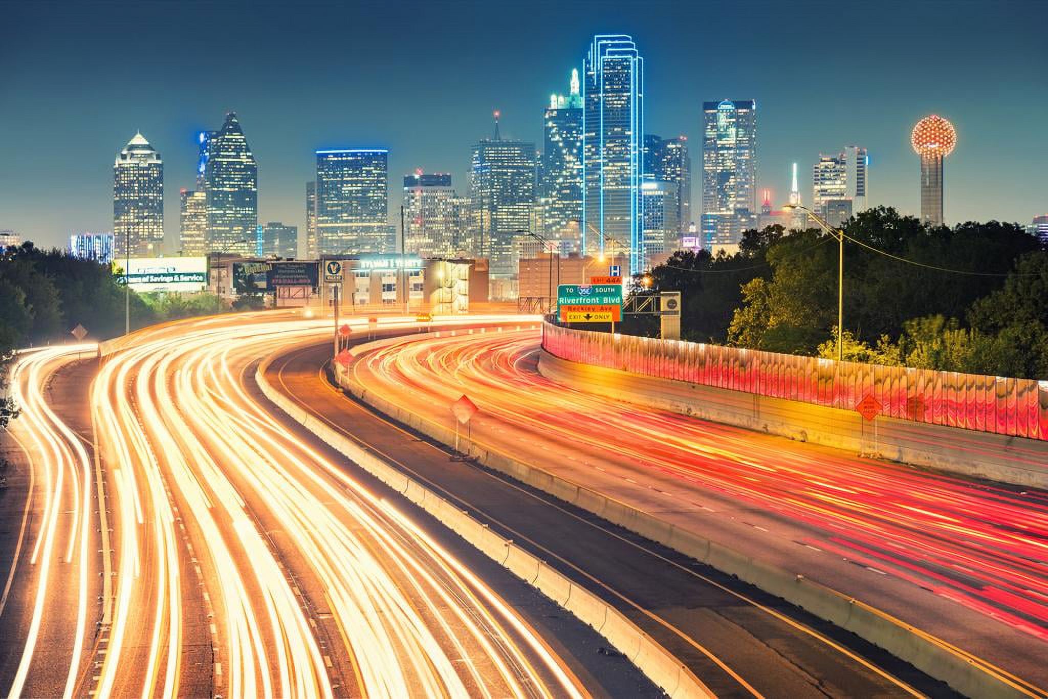 Dallas Texas Downtown Skyline Illuminated Behind Freeway At Night Photo ...