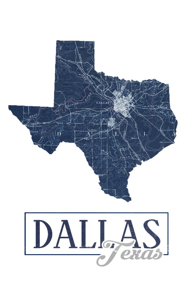 Dallas, Texas, Map and City, State Outline (24x36 Giclee Gallery Art ...