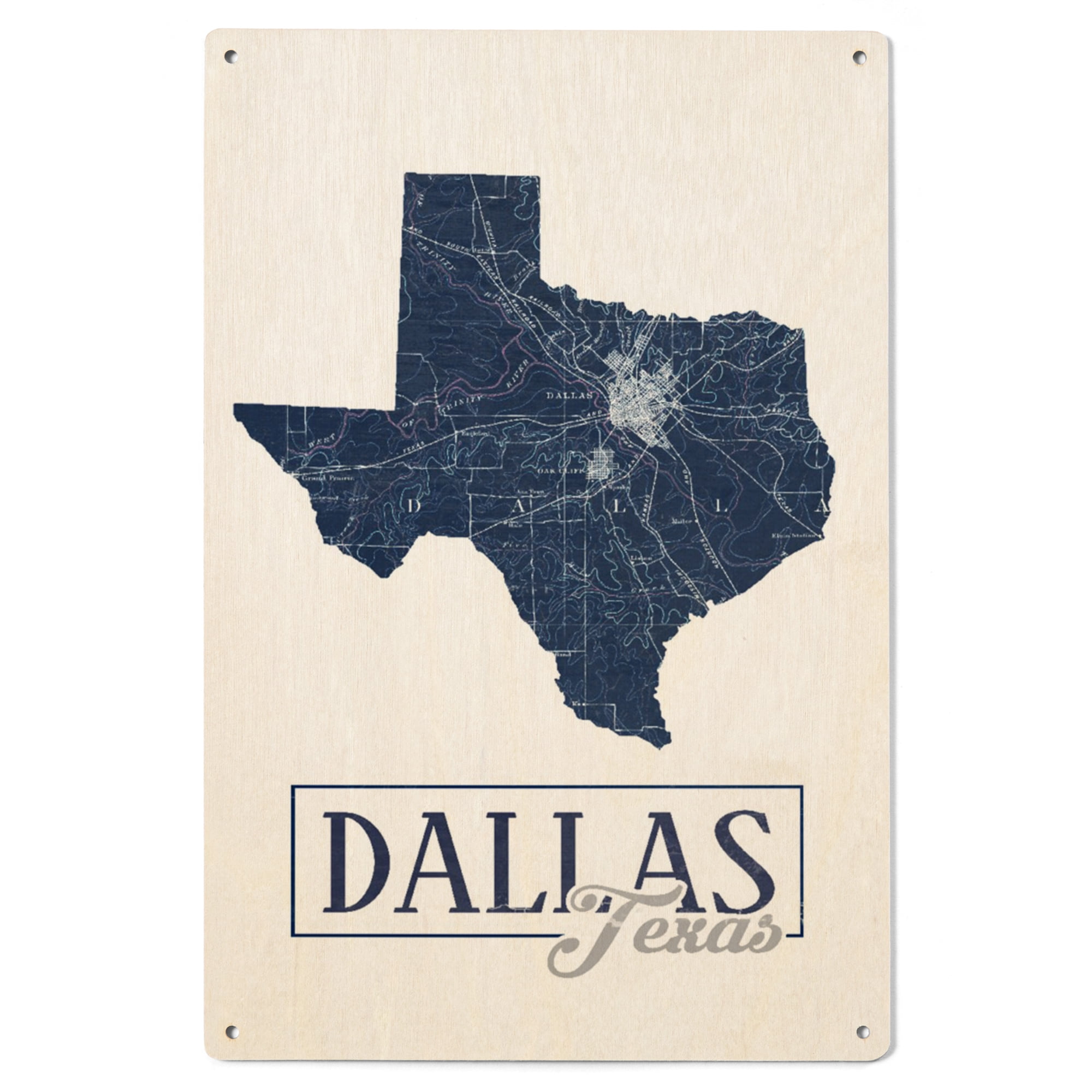 Dallas, Texas, Map and City, State Outline Birch Wood Wall Sign (6x9 ...