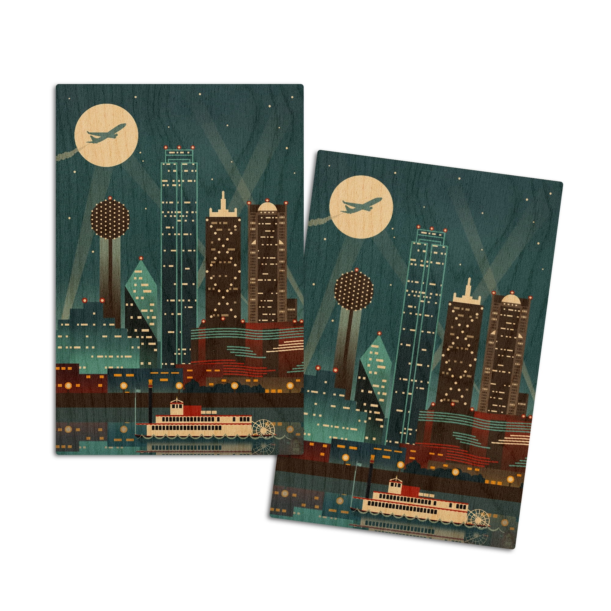 Dallas, Texas, Retro Skyline (no text) (4x6 Birch Wood Postcards, 2 ...