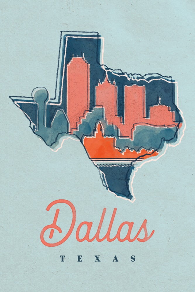 Dallas, Texas, Whimsy City Collection, State and Skyline (24x36 Giclee ...
