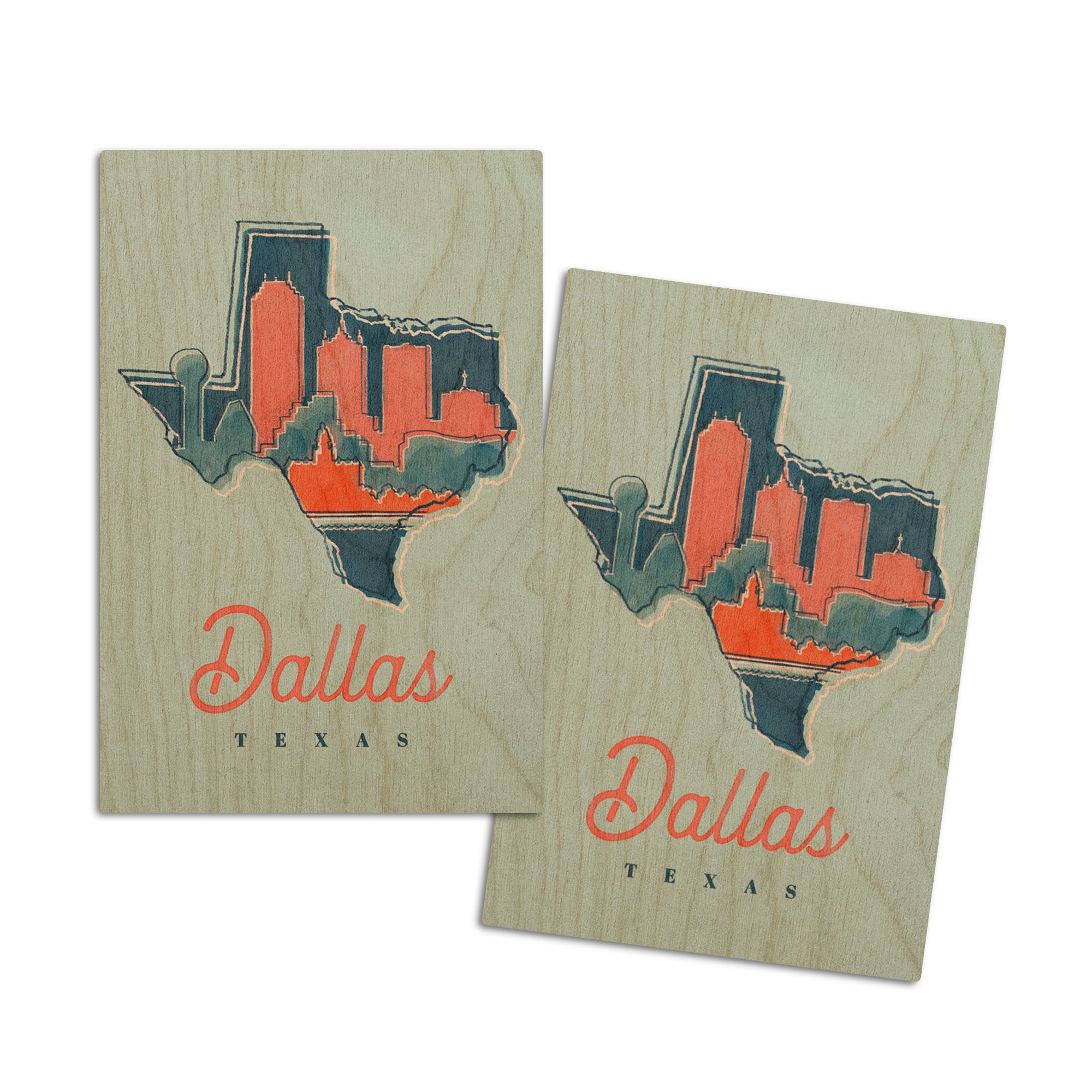 Dallas, Texas, Whimsy City Collection, State and Skyline (4x6 Birch ...