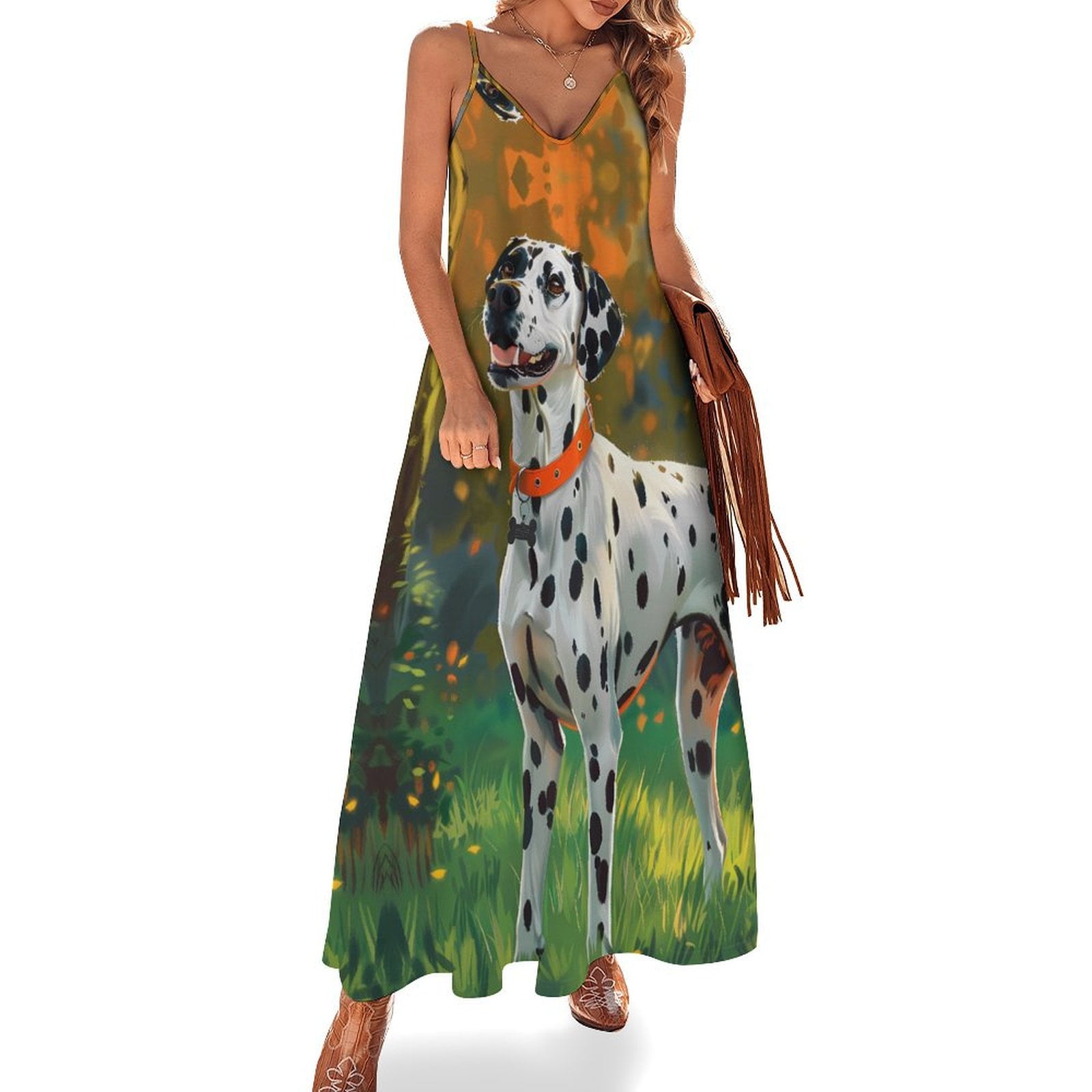 Dalmatian Dog Painting Women's Maxi Dress Spaghetti Strap Bohemian Long ...
