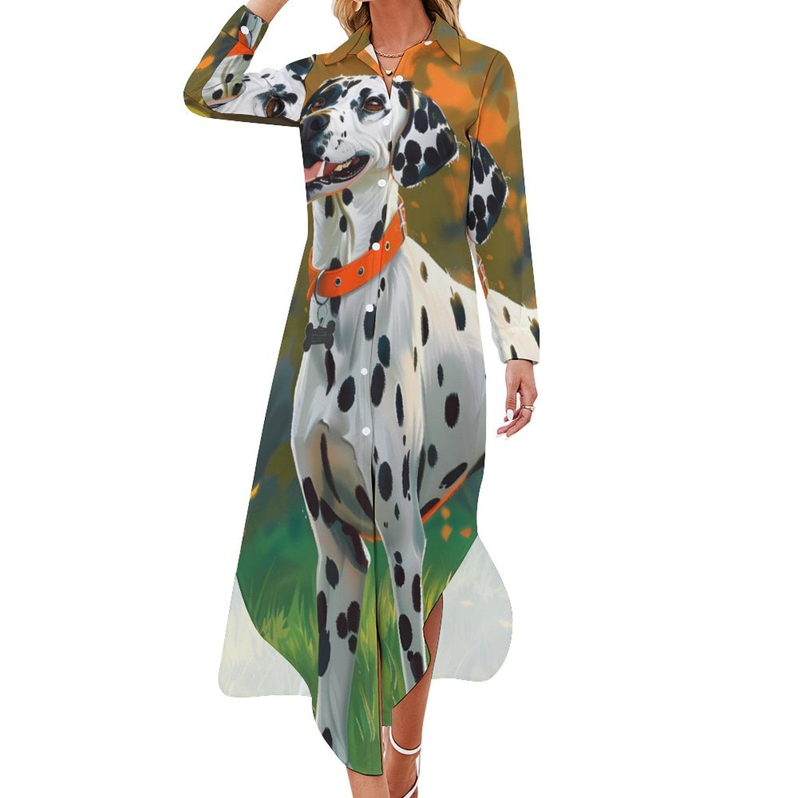 Dalmatian Dog Painting Women's Maxi T Shirt Dress Long Sleeve Lapel Summer Button Down Blouse ...