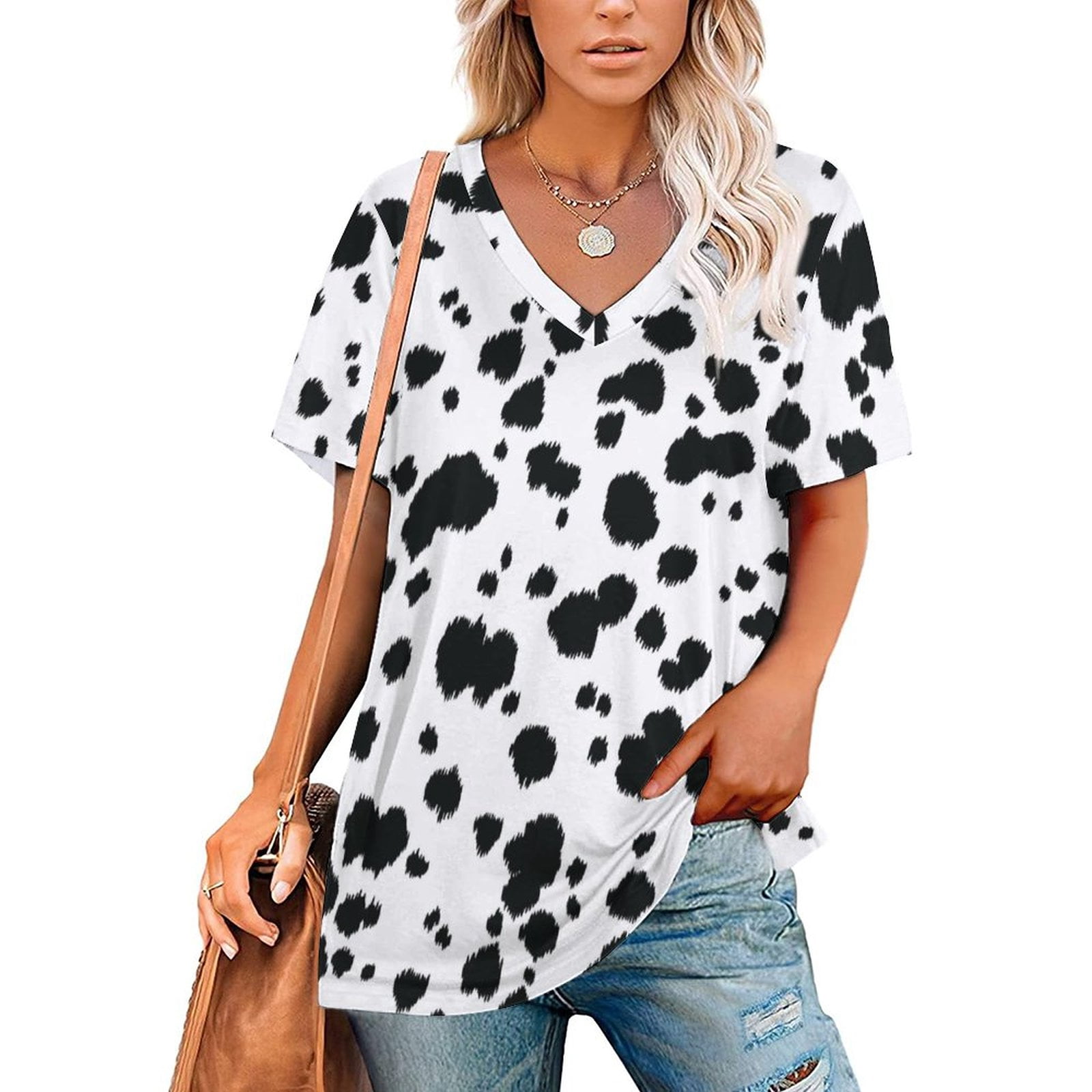 Dalmatian Print Pattern T Shirts for Women Short Sleeve Shirts V Neck ...