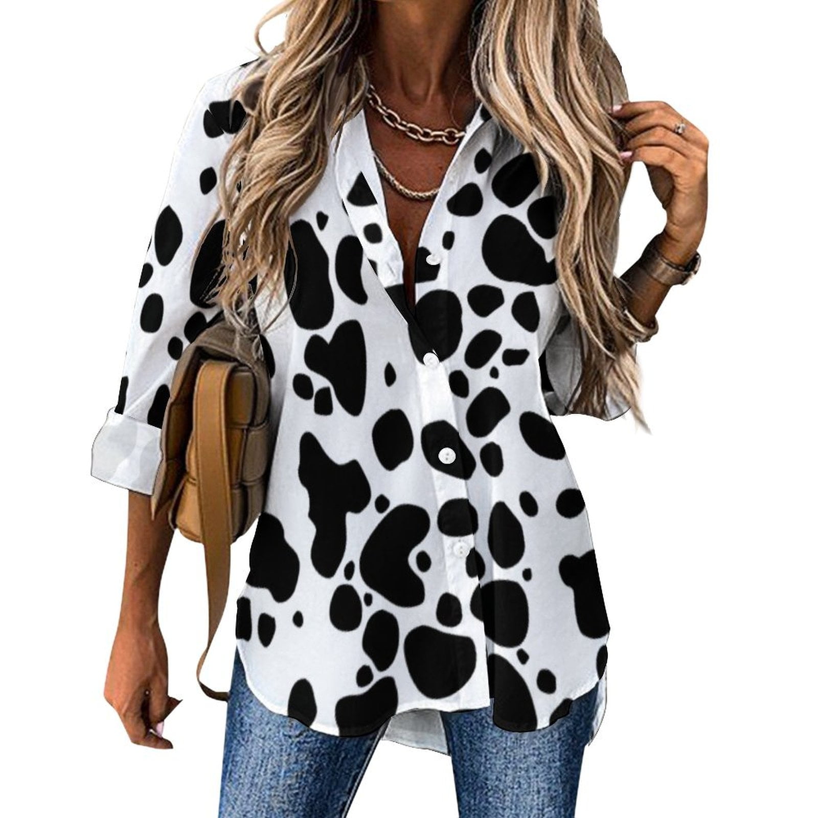 Dalmatian Print Women's Button Down Long Sleeve Shirts Irregular Hem ...