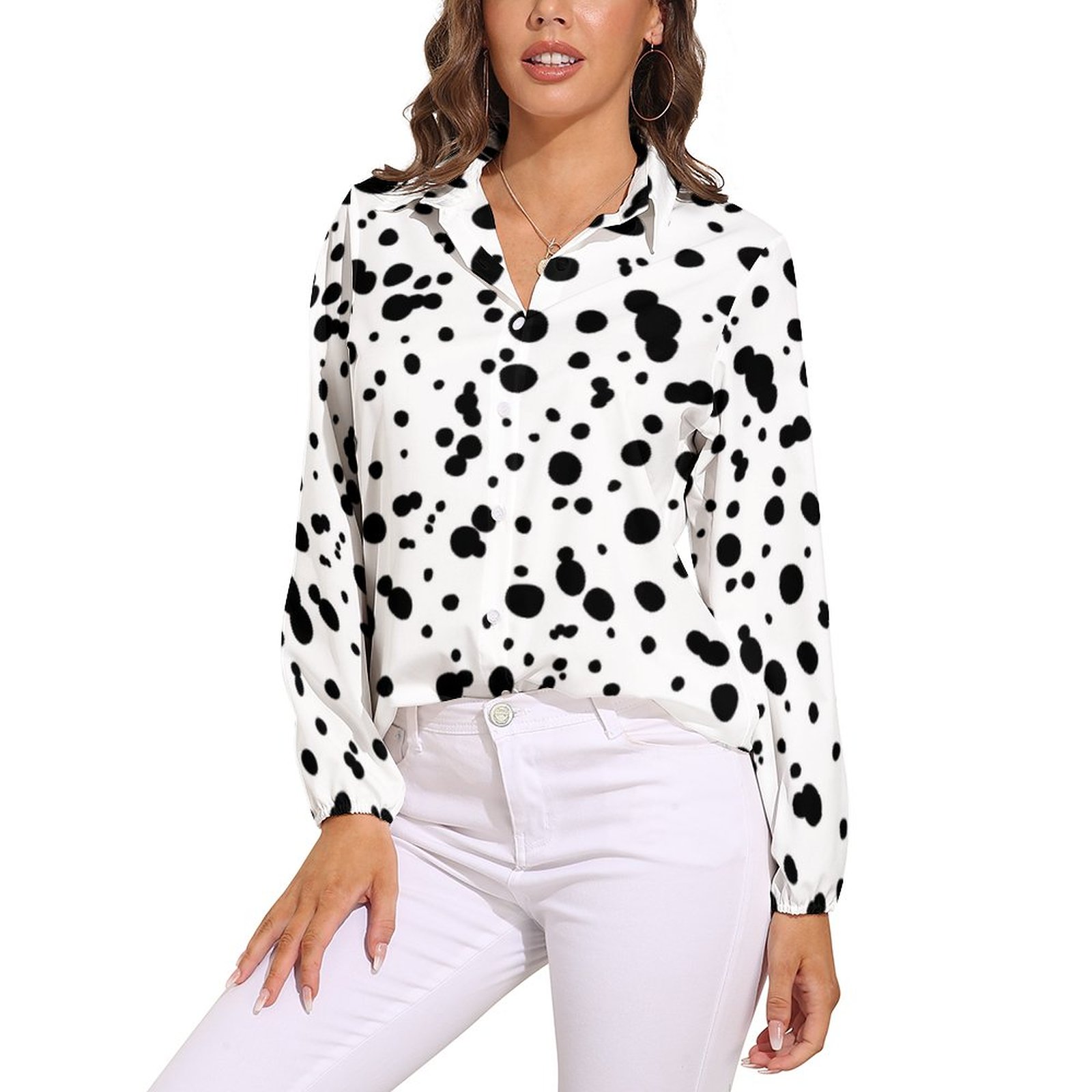 Dalmation Print Blouse Black Polka Dots Office Pattern Blouses Women Long-Sleeve Simple Shirt ...