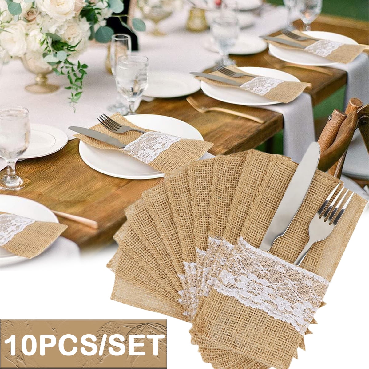 Dalrosia 10PCS atural Burlap Lace Utensil Cutlery Holders Pouch Bags ...