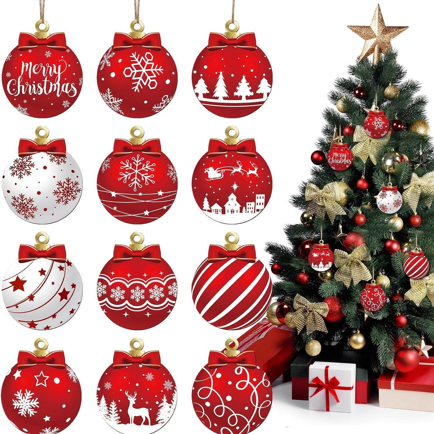 Dalrosia 12PCS Red Christmas Ball Hanging Wooden Ornaments Set ...