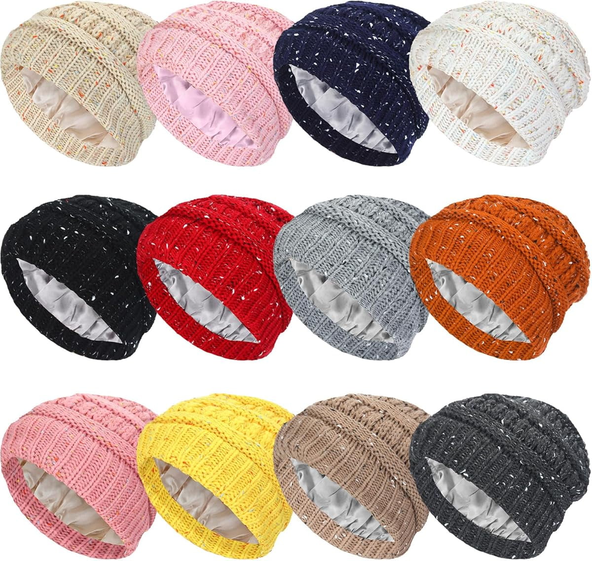 Dalrosia 12PCS Winter Knitted Satin Lined Beanie Hats for Women Satin ...