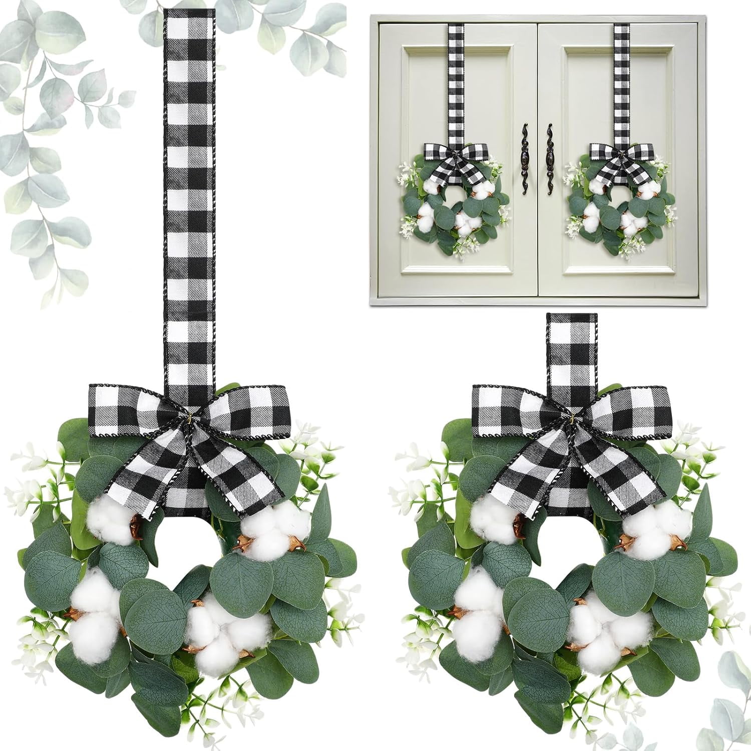 Dalrosia 2PCS Kitchen Cabinet Wreaths Mini Cotton Eucalyptus Wreath ...