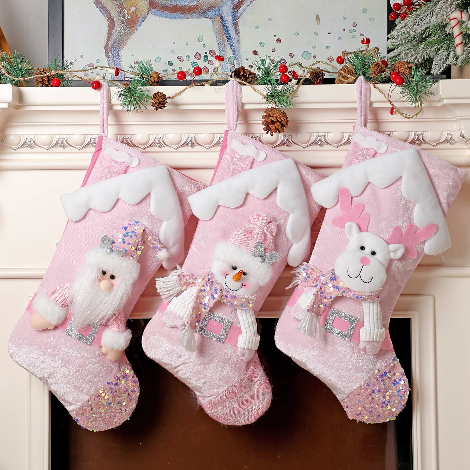 Dalrosia 3PCS Christmas Stocking Pink Snowman Reindeer 18 Inches Xmas ...