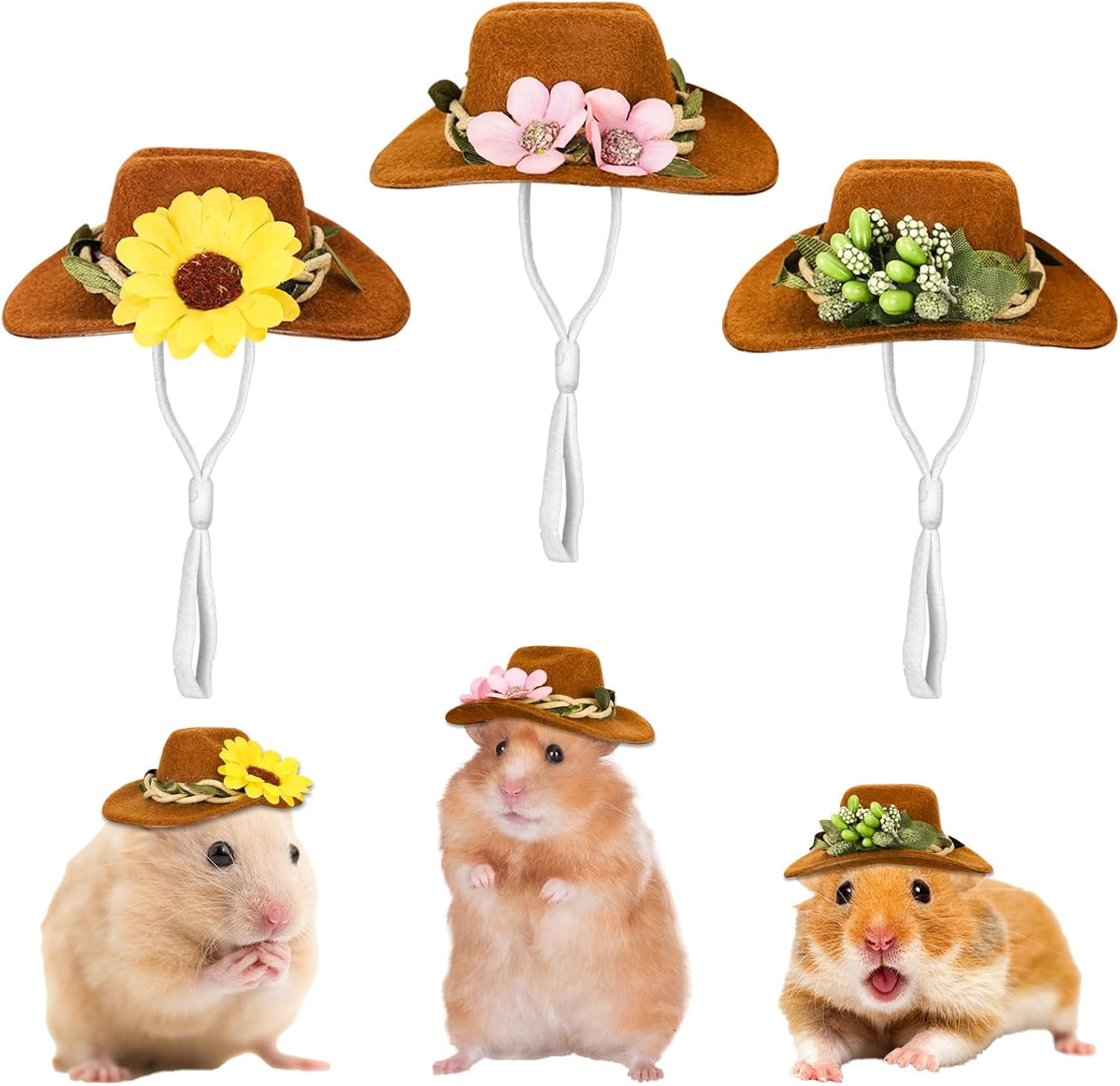Dalrosia 3PCS Hamster Chicken Mini Cowboy Hats Flower Leaves Brown ...