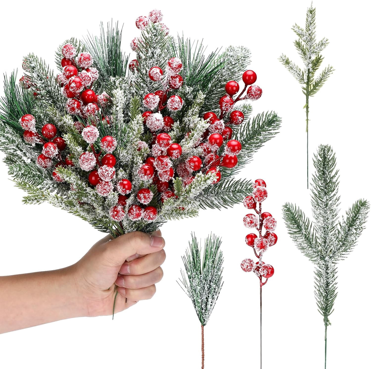 Dalrosia 40PCS Berry Stems Pine Branches with Snow Artificial Christmas ...