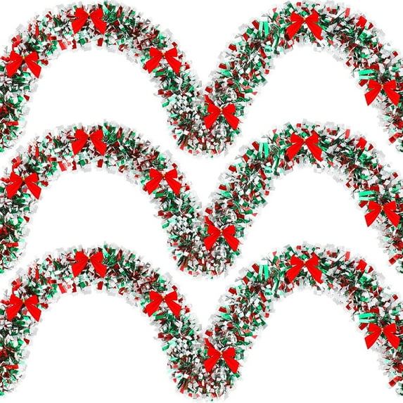 Dalrosia 4PCS Christmas Tinsel Garland with Red Bows Fluffy Tinsel ...