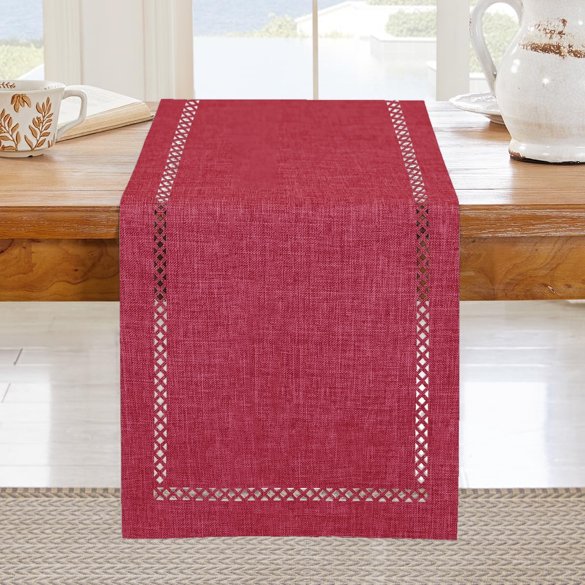 Dalrosia Burlap Style Farmhouse Table Runner, 13 x 72 Inch, Rustic Geometric Hollow Table ...