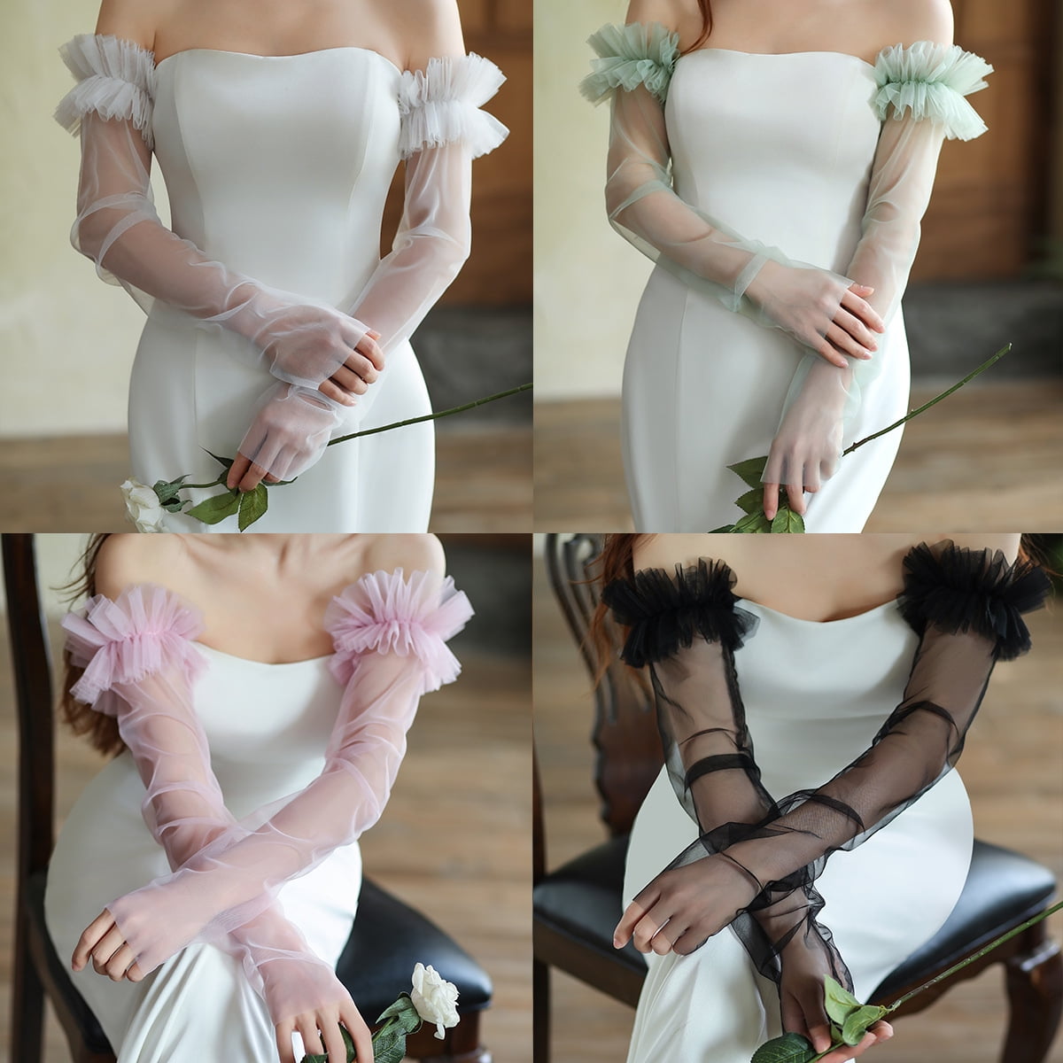 Dalrosia Long Sheer Gloves for Women Fancy Puffy Stretchy Mesh Tulle ...