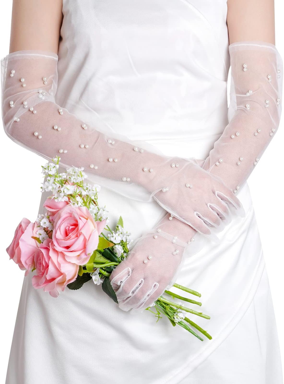 Dalrosia Pearl Women’s Wedding Gloves Long Tulle White Finger Lace 20s ...