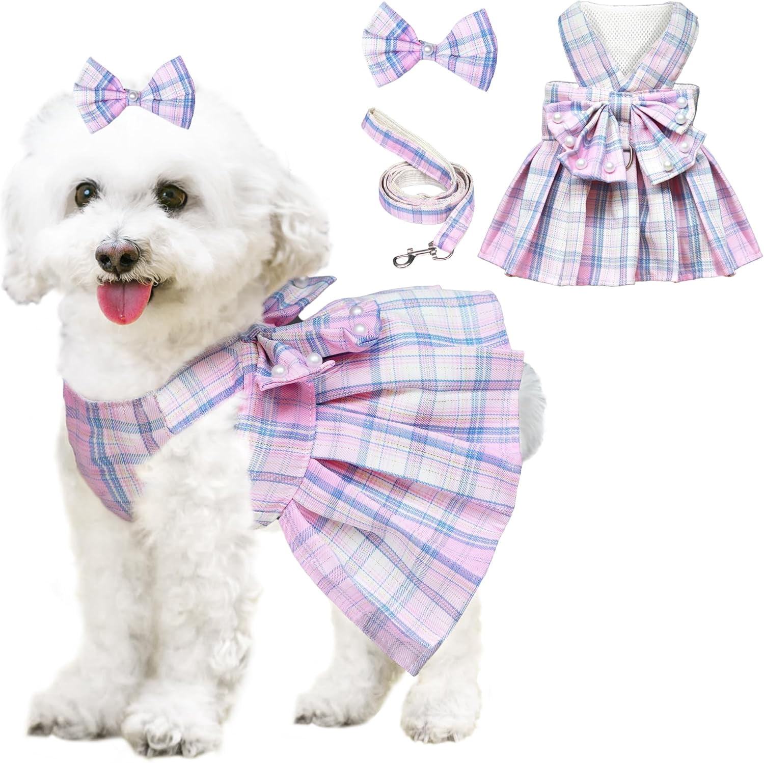 Dalrosia Pet Dress Clothes for Small Dogs Cats Girl Plaid Bow Tie Dog ...
