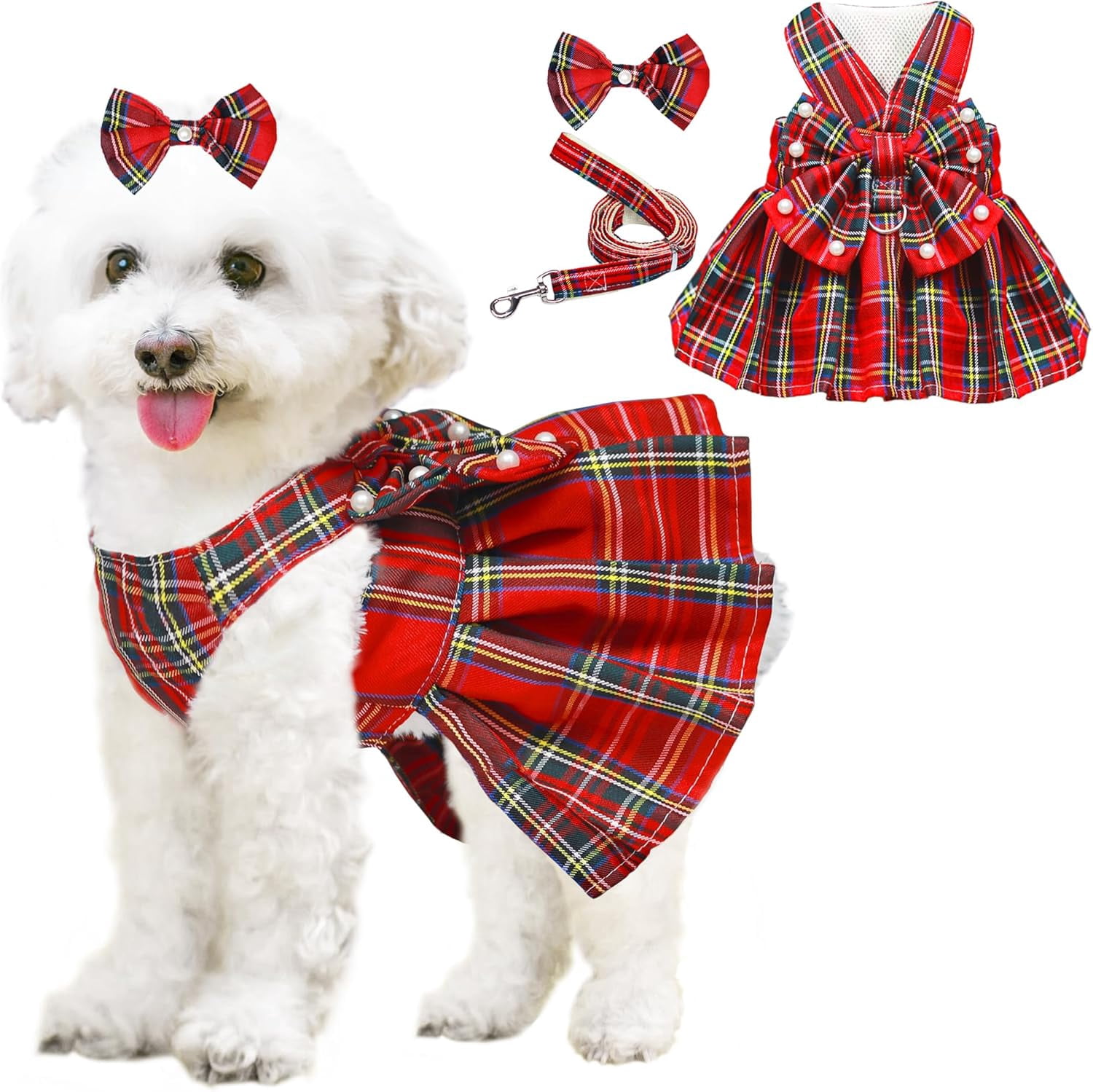 Dalrosia Pet Dress Clothes for Small Dogs Cats Girl Plaid Bow Tie Dog ...