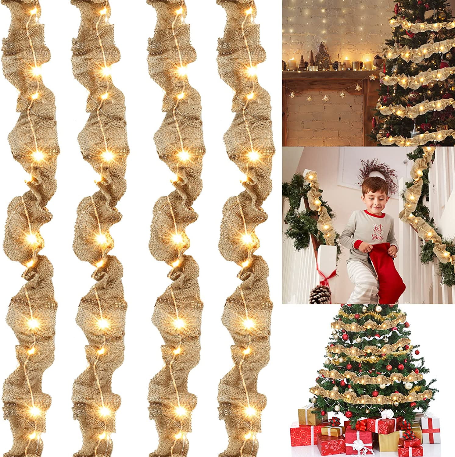 Dalrosia Rustic Christmas Tree Garland with Led Lights Burlap Natural ...