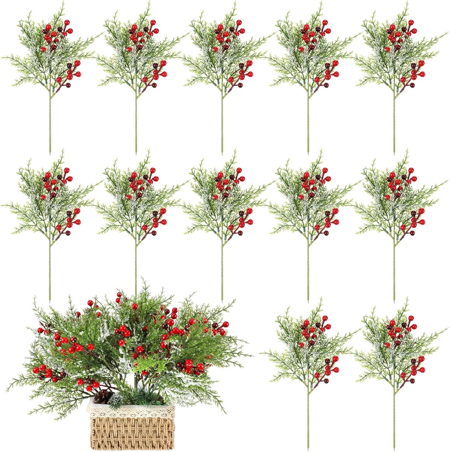 Dalrosia Snowy Artificial Cedar Picks with Red Berries Winter Frosted ...