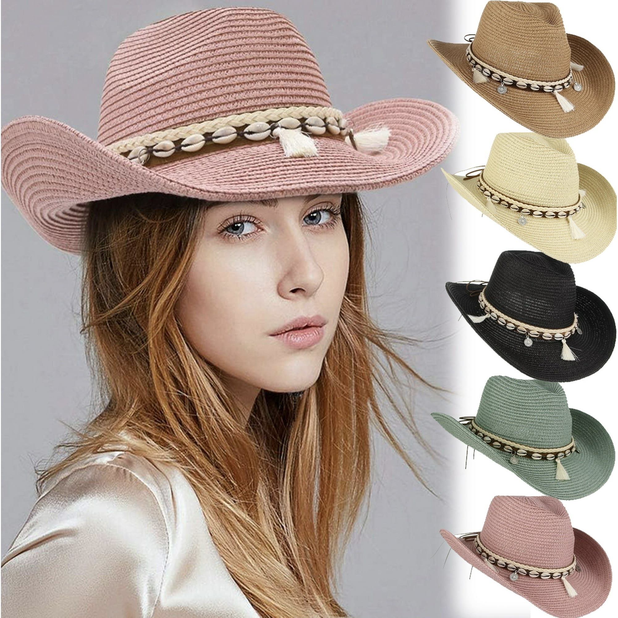 Dalrosia Straw Cowboy Hat for Women Men Girls Roll up Wide Brim Western Cowgirl Summer Beach Sun ...