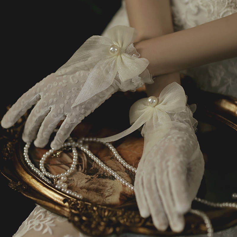Dalrosia Wedding Gloves for Bride White Lace Glove Bow Short Bridal ...