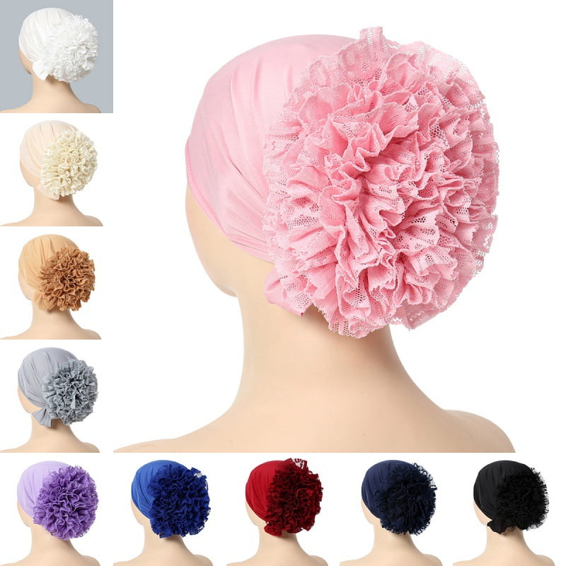 Dalrosia Women Lace Turban Hat Flower Stretchy Beanie Muslim Hijab Cap ...