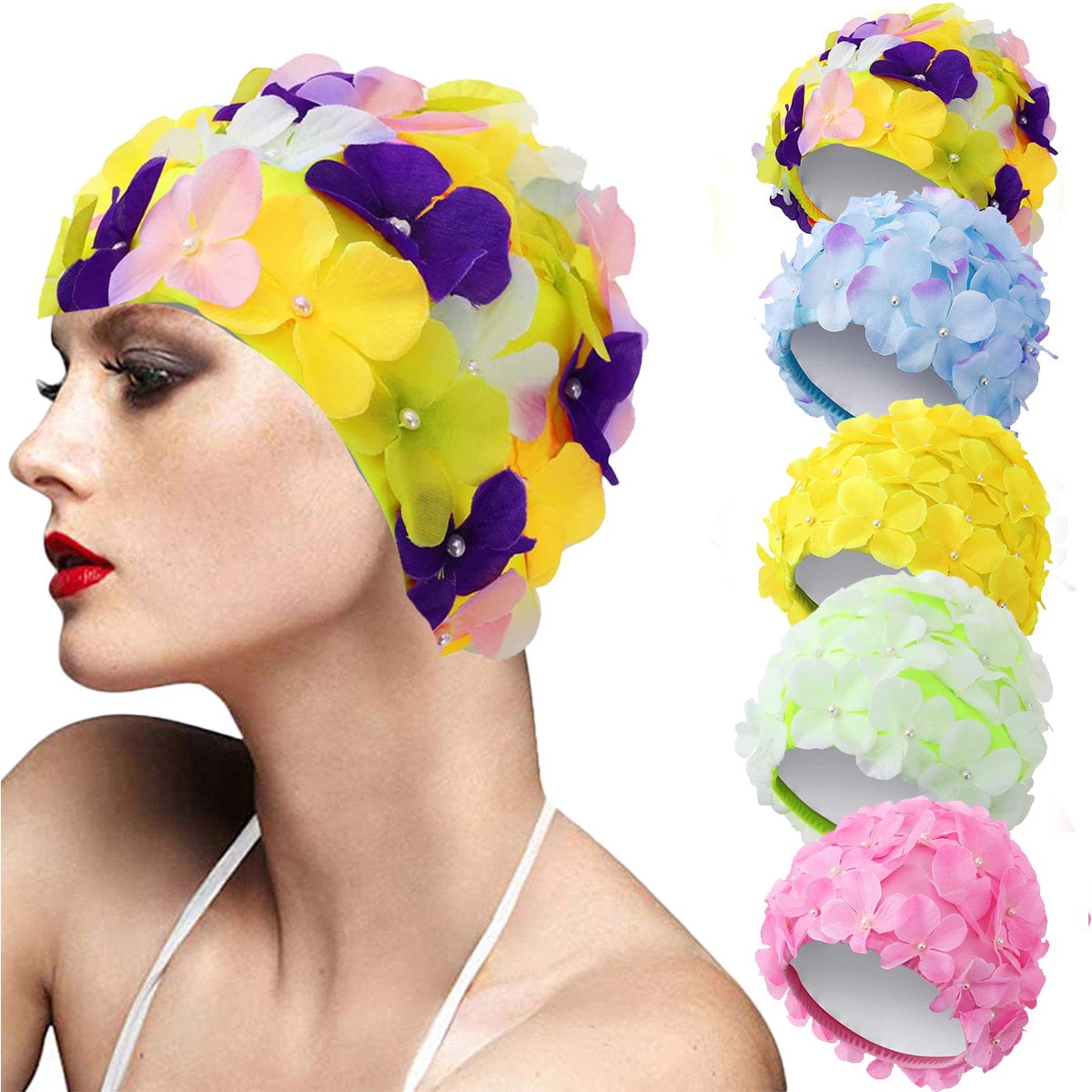 Dalrosia Women Swim Cap Pearls Floral Swimming Hat Bathing Cap Suitable ...