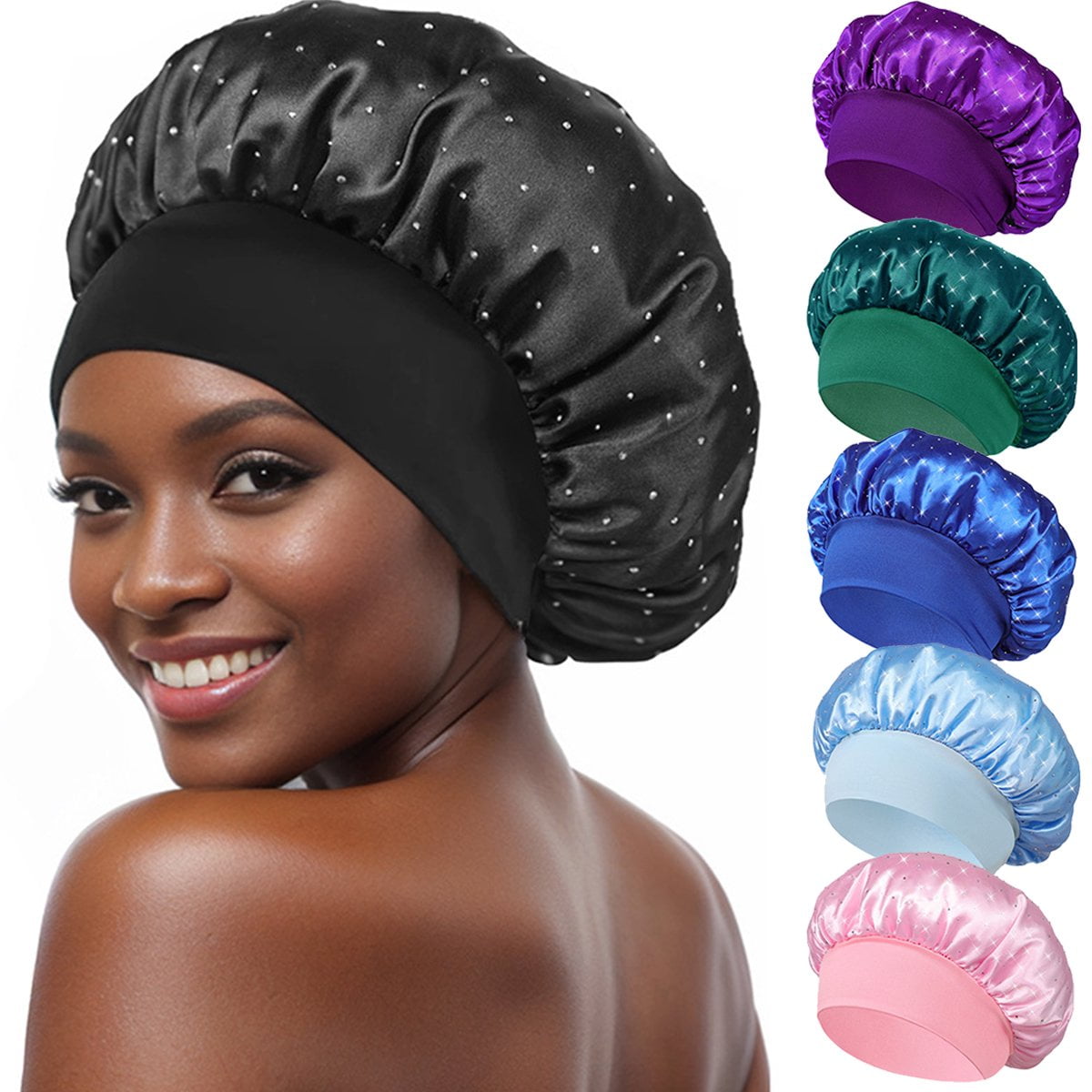 Dalrosia Women's Satin Rhinestone Sleeping Hat Night Sleep Cap Hair ...