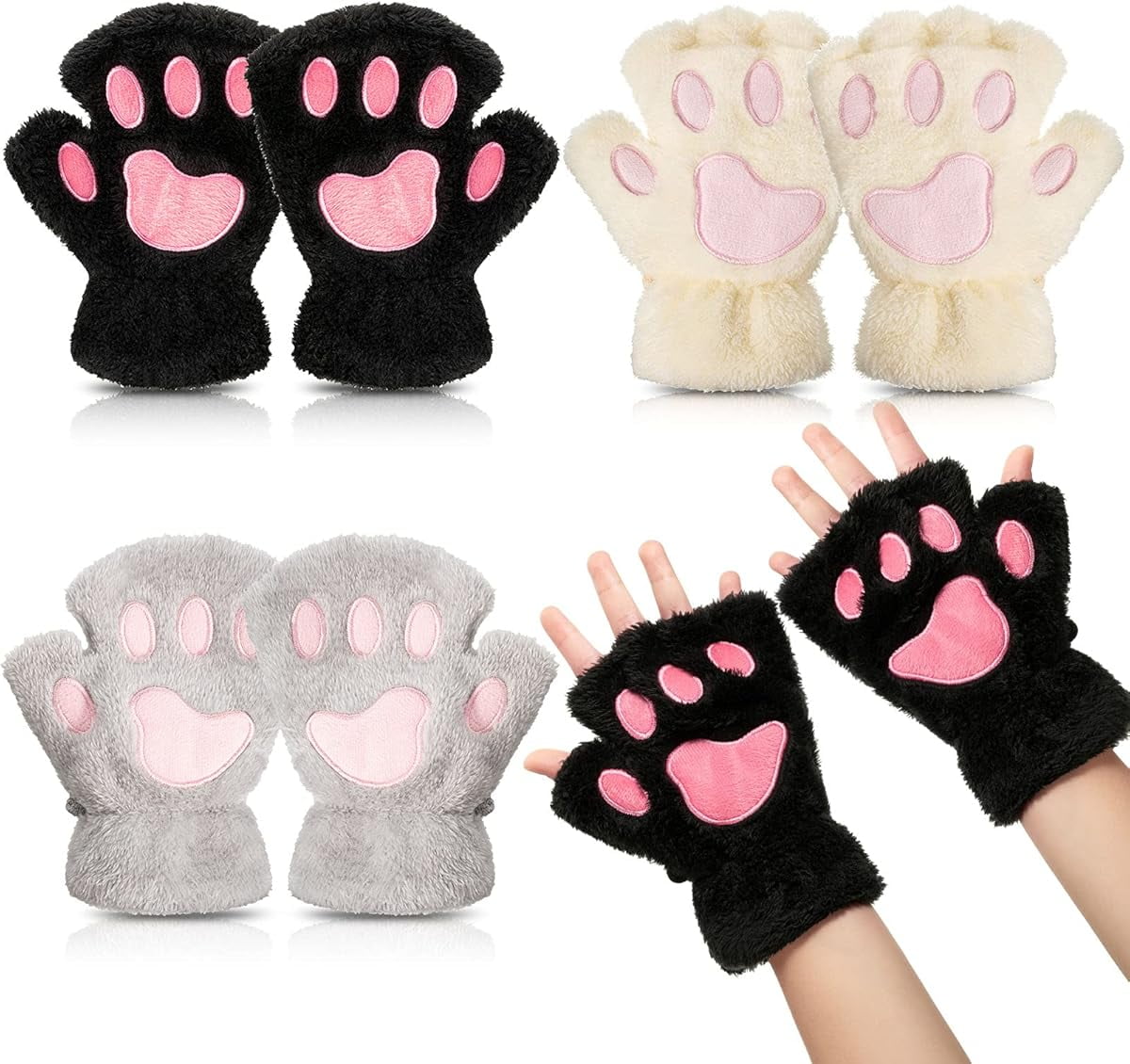Dalrosia Womens Cat Paw Gloves Winter Plush Faux Fur Cute Halloween ...
