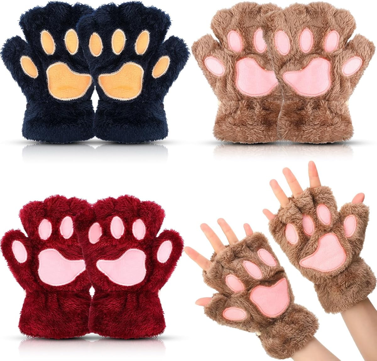 Dalrosia Womens Cat Paw Gloves Winter Plush Faux Fur Cute Halloween ...