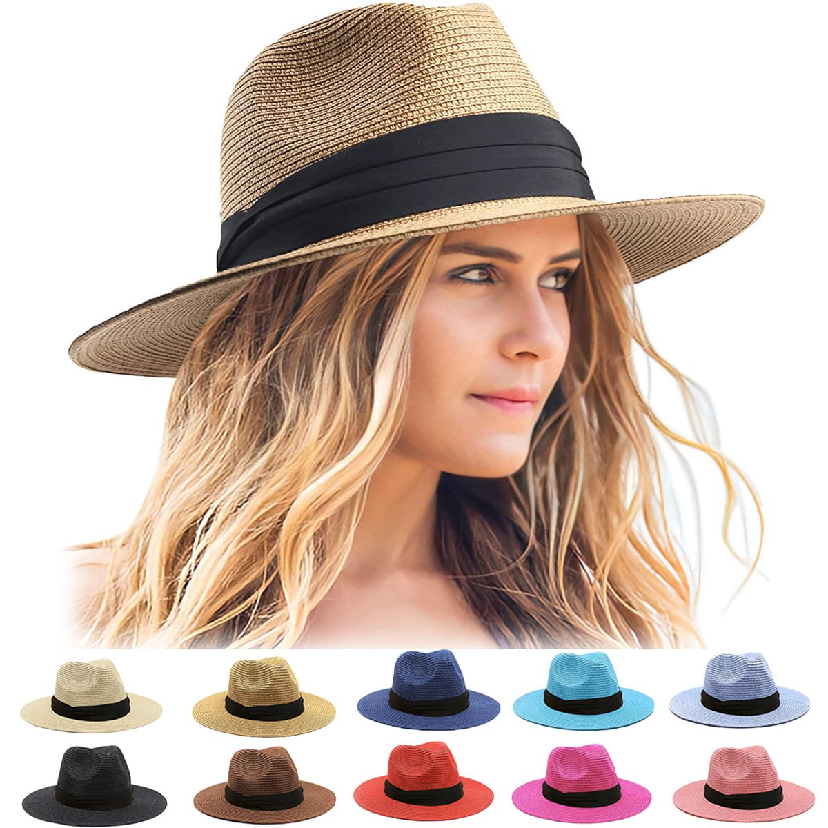 Dalrosia Womens Mens Wide Brim Straw Panama Hat Fedora Summer Beach Sun ...
