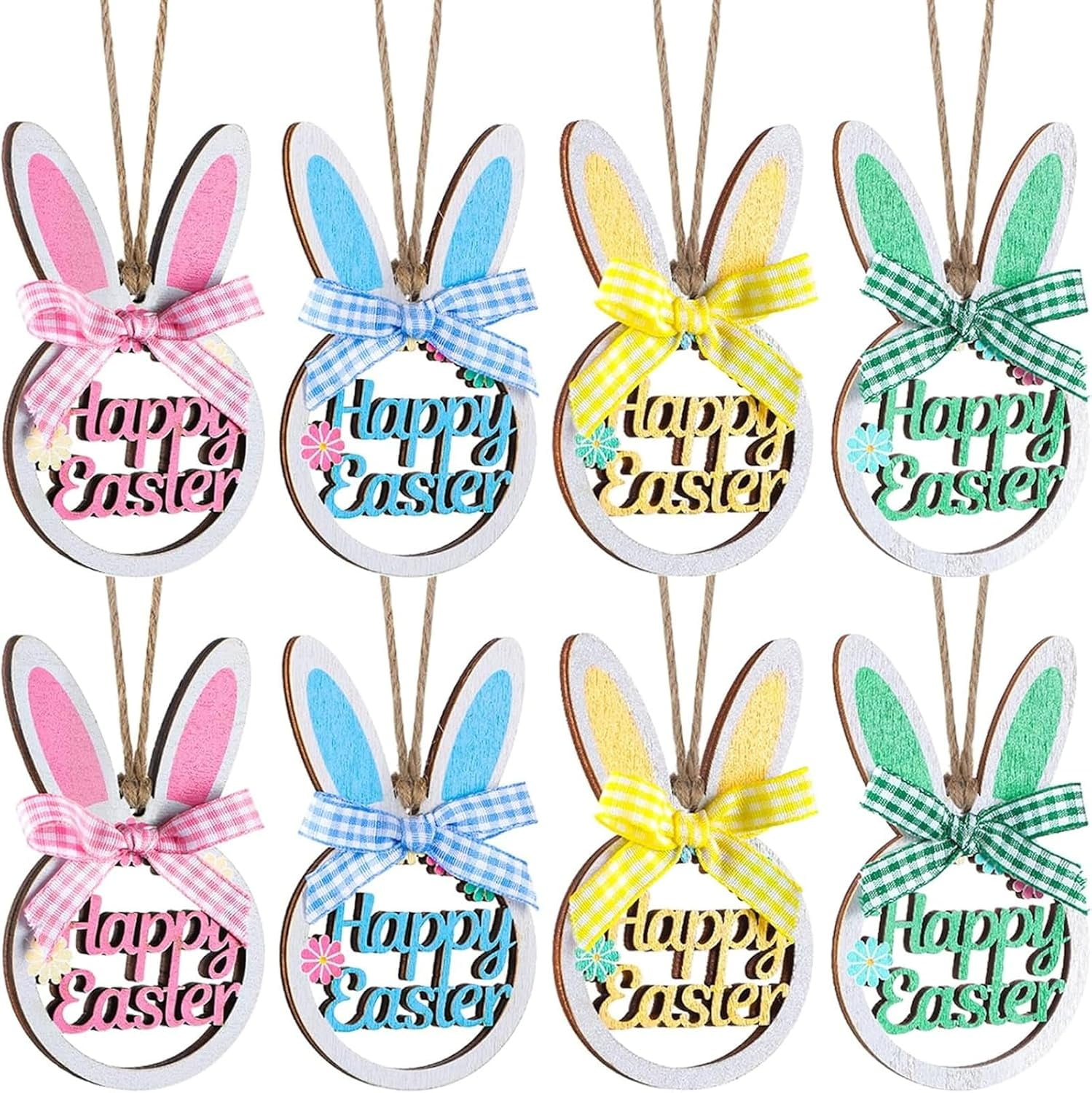 Dalrosia Wooden Hanging Bunny Ornaments with Plaid Bow and Rope Wood ...