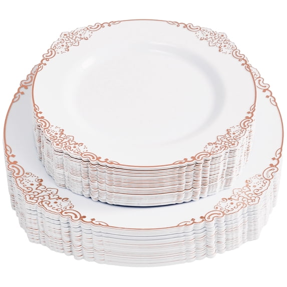 Daluvenix 200 Pcs Rose Gold Plastic Plates for 50 Guests, White and ...