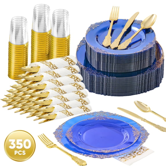 Daluvenix, Dinnerware Set, 350 Pcs, Blue Plastic for 50 Guests ...