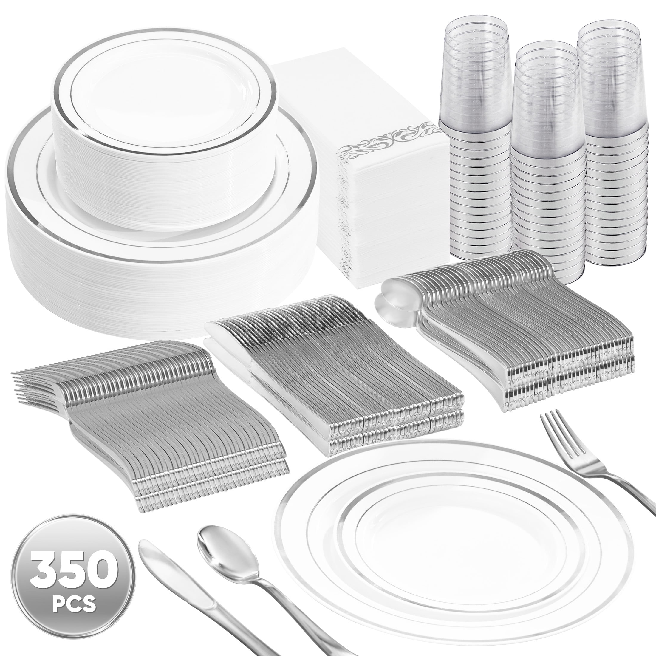 Daluvenix 350 Silver Plastic Dinnerware Set for 50 Guests, Silver ...