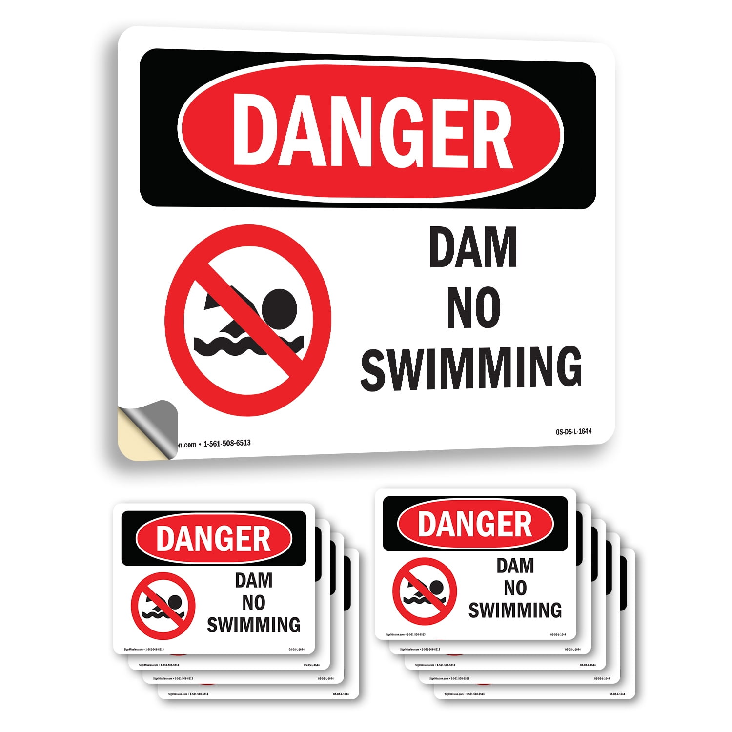 Dam No Swimming OSHA Danger Vinyl Decal Label 18 Inch x 12 Inch - 10 ...