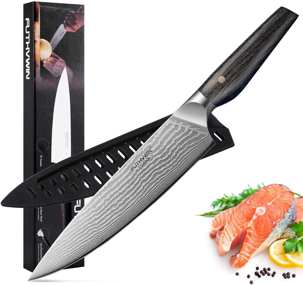 Damascus Chef Knife 8 Inch with Sheath, Japanese Damascus Kitchen Knife ...