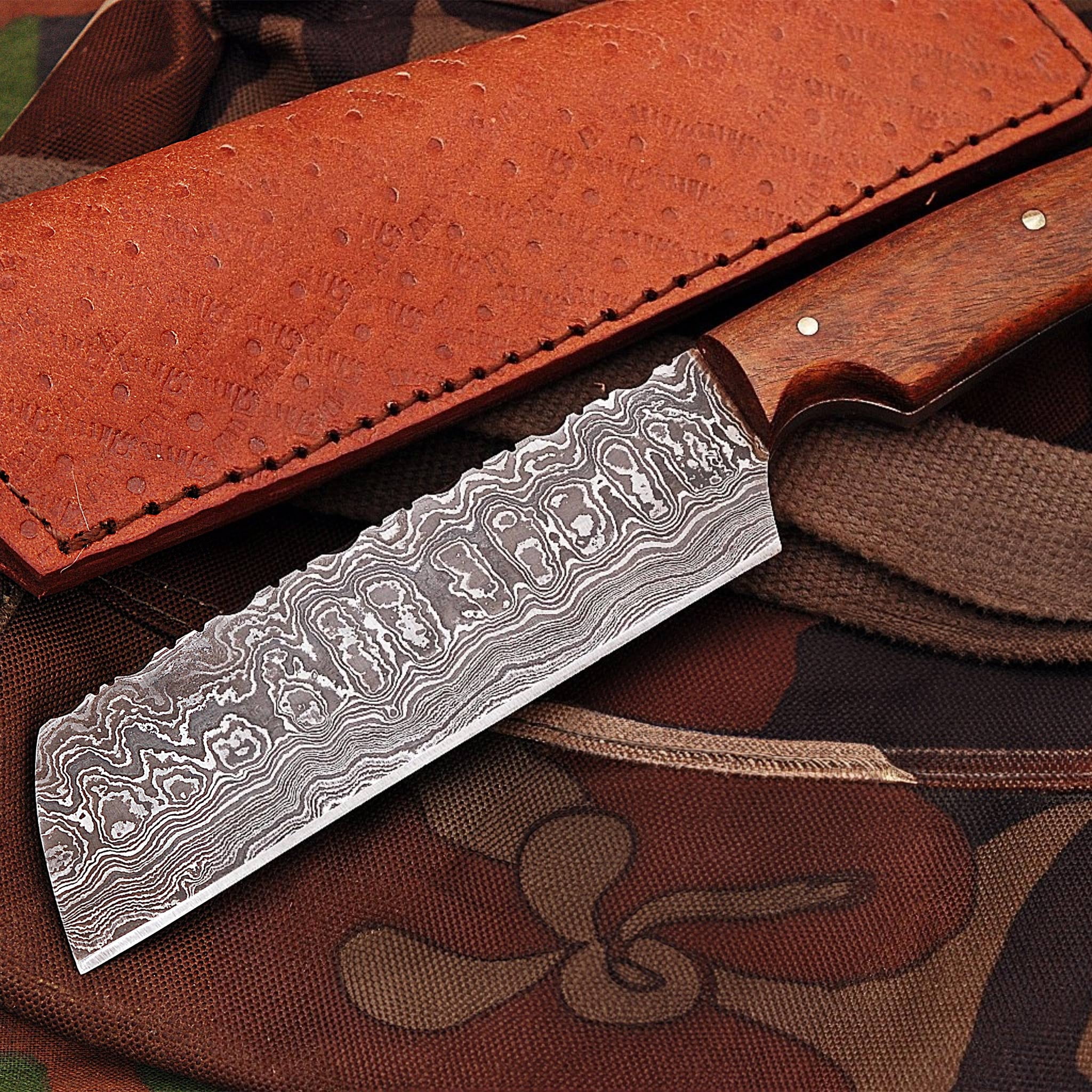 Damascus Cleaver Knife with Rose-wood Handle Chef Cleaver Knife Outdoor ...