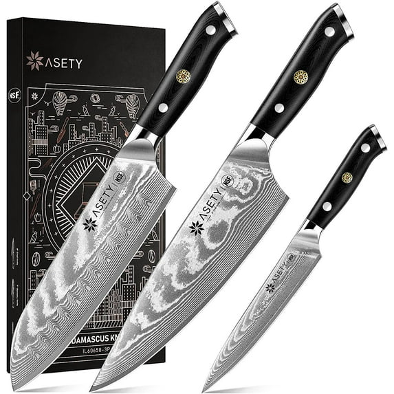 Damascus Kitchen Knife Set 3 PCS: NSF Food-Safe Japanese Knives with VG10 Steel Core, Ultra ...
